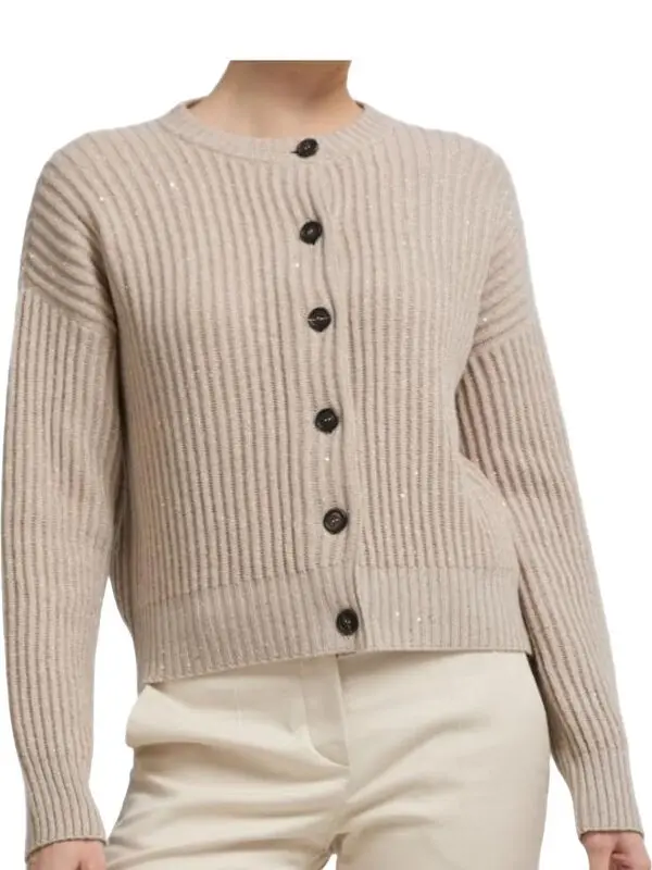 Brunello Cucinelli Long Sleeve Button-front Knit Top With Subtle Sparkle - Nude