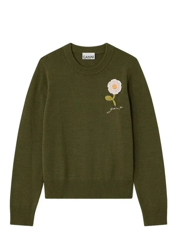 GANNI Sweater With Crochet Flower Detail - Green