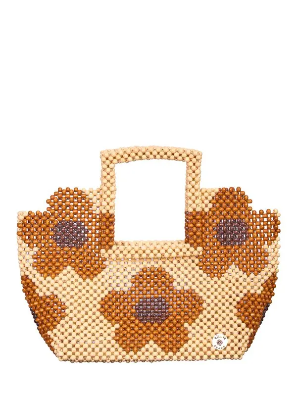 TILLIE BEADS Daisy Square Handle Tote Bead Bag - Brown