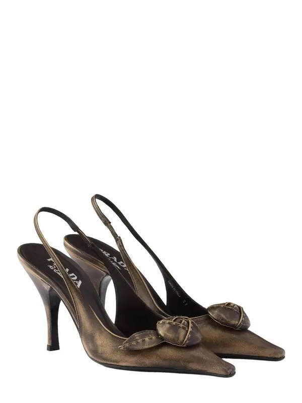 Prada Leather Slingback Pumps With Floral Appliqu - Neutral