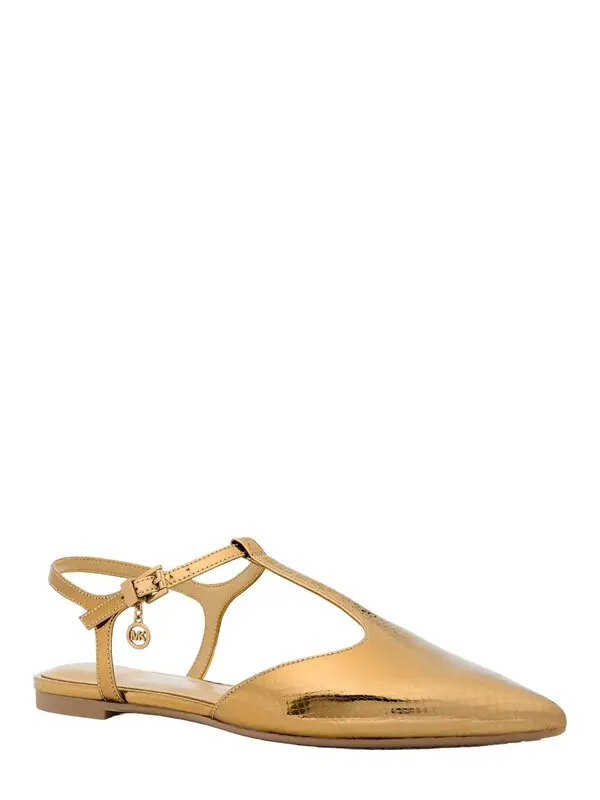 Michael Kors Cherie Snake Embossed Metallic Leather T-strap Flat - Gold