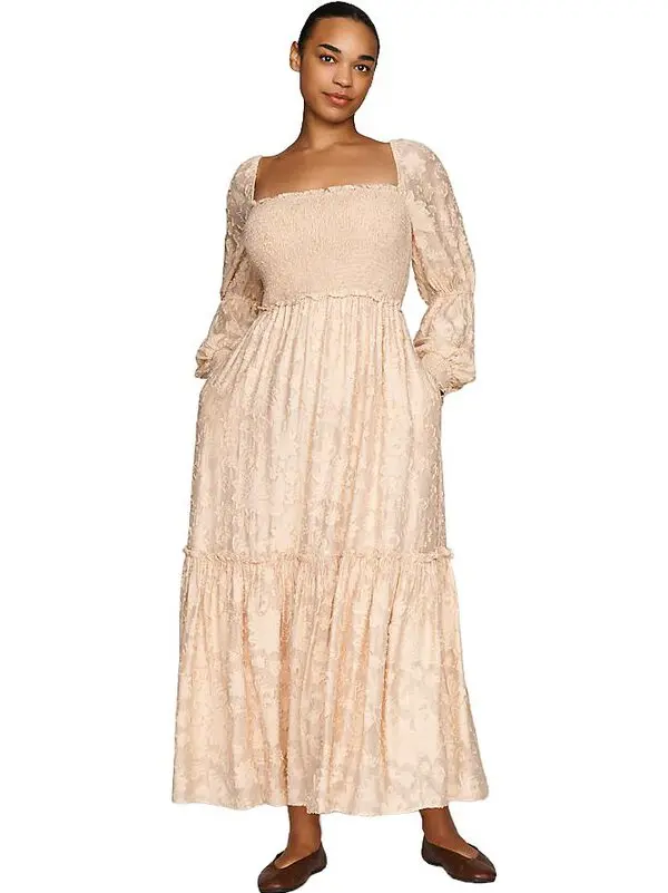Anthropologie Tiered Puff Sleeve Midi Dress - Beige