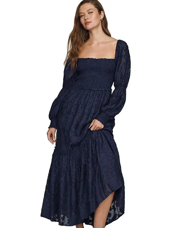 Anthropologie Tiered Puff Sleeve Midi Dress - Navy