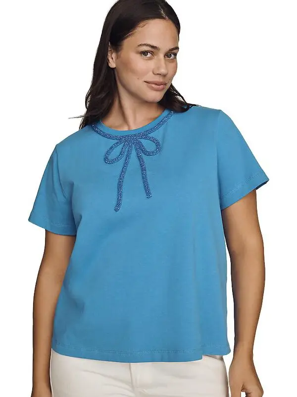 English Factory Beaded-bow Cotton T-shirt - Light Blue