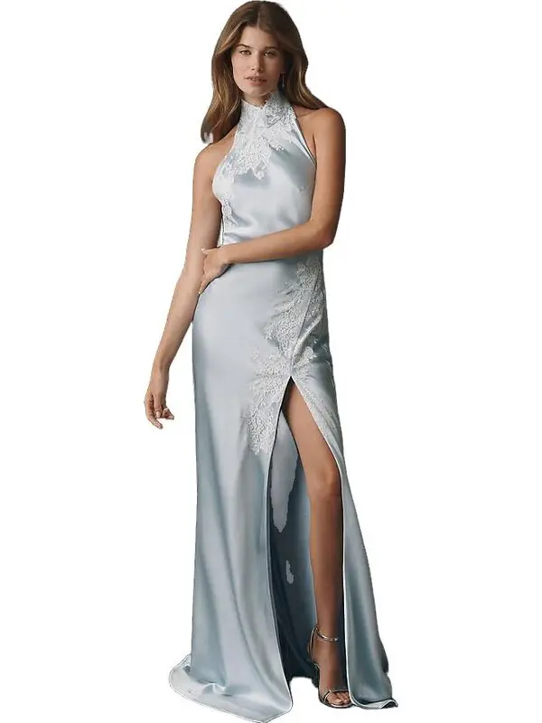 SAU LEE High Neck Gown With Lace Detail And Slit - Light Blue