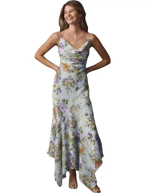Bhldn Scoop-neck Chiffon Maxi Dress With Asymmetrical Skirt - Blue Pattern