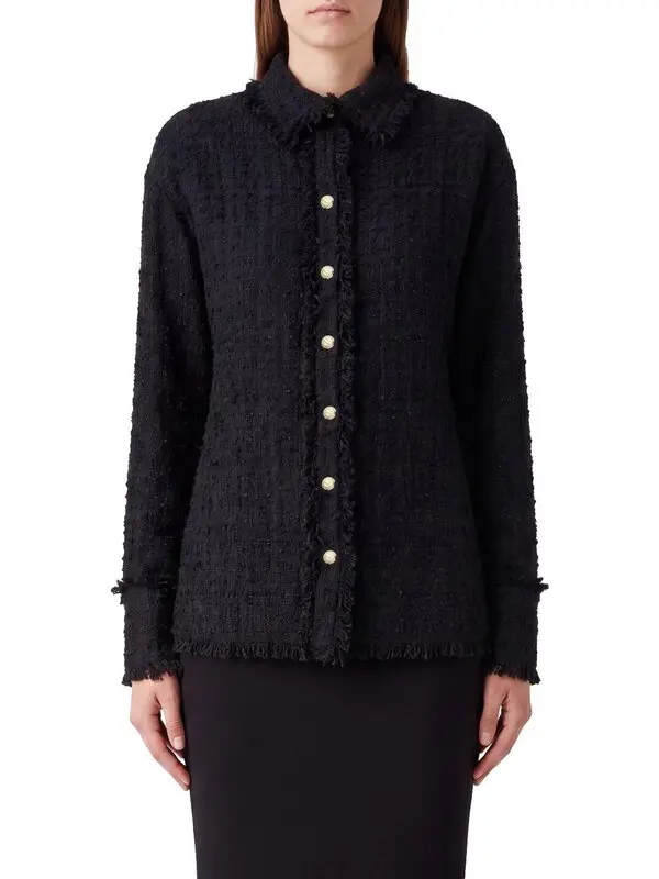 Balmain Slim Fit Cotton Tweed Shirt Jacket With Frayed Hem - Black