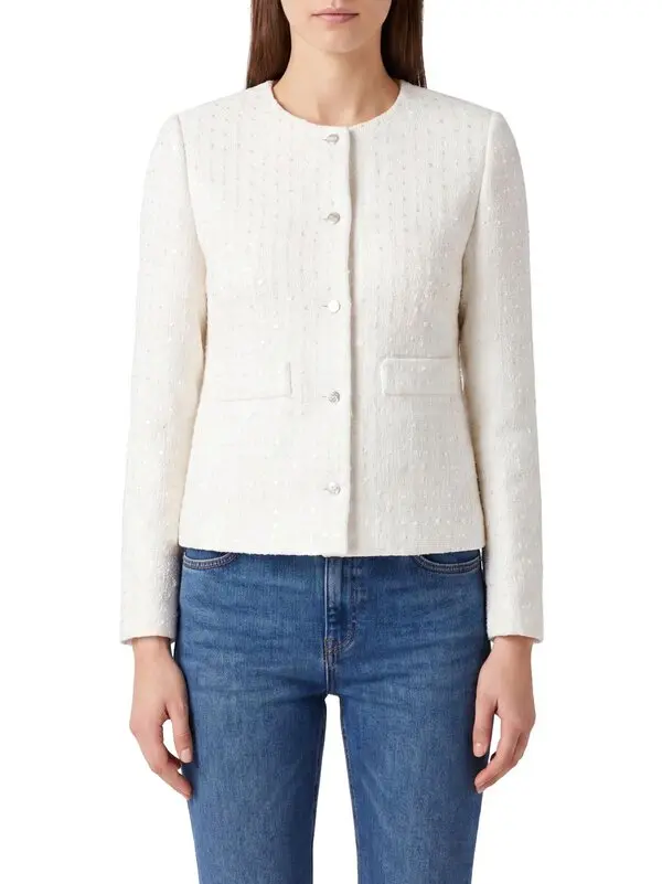 Herno Slim-fit Cropped Tweed Blazer With Crew Neck - Ivory