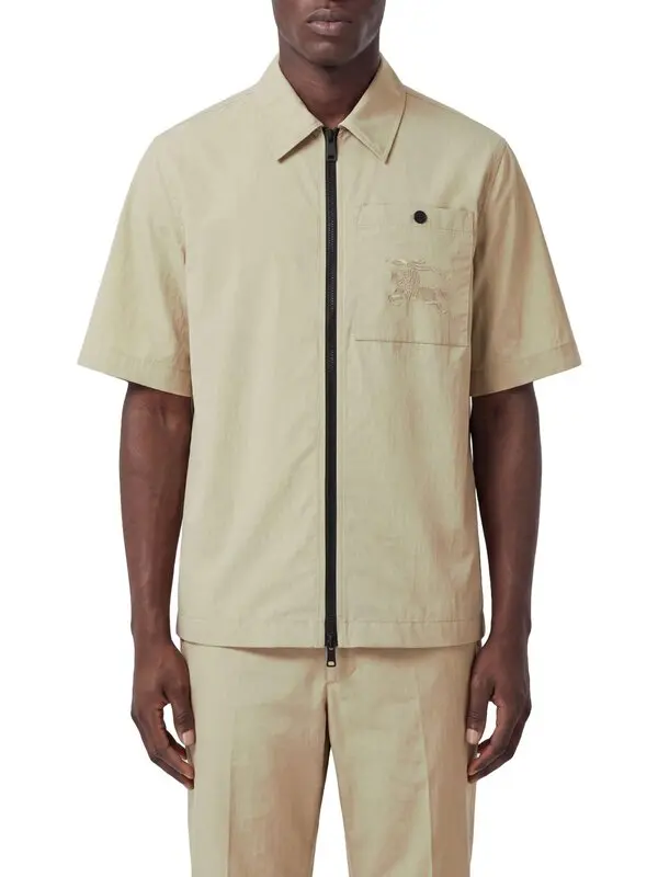 Burberry Short-sleeved Nylon Shirt With Zip Closure And Patch Pockets - Beige