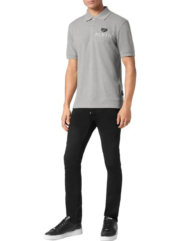 Philipp Plein Short-sleeve Stretch Cotton Polo Shirt With Metal Logo - Grey