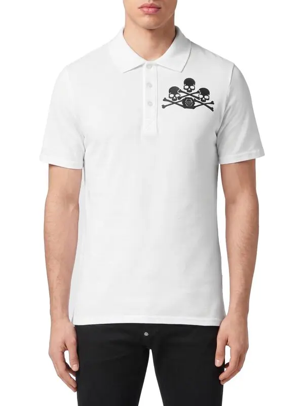 Philipp Plein Slim Fit Cotton Polo Shirt With Skull Print And Hexagon Logo - White