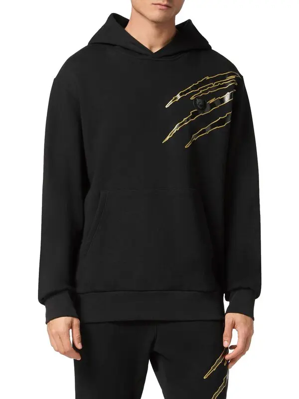 PLEIN SPORT Cotton Hoodie With Graphic Print And Hexagon Logo - Black