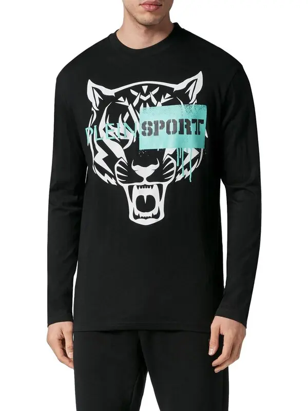 PLEIN SPORT Slim Fit Long-sleeved Cotton T-shirt With Graphic Print - White