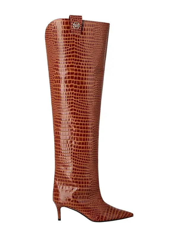 Philipp Plein Croc-embossed Over-the-knee Stiletto Boots With Hexagon Logo - Brown