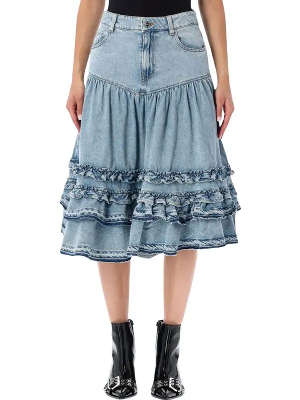 GANNI Tiered Denim Midi Skirt - Blue