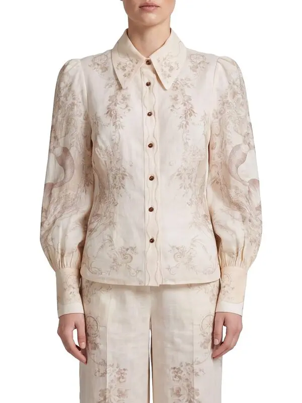 Zimmermann Balloon Sleeve Floral Print Ramie Shirt - Beige