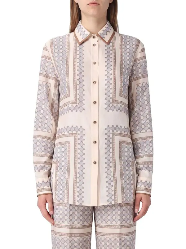 Zimmermann Geo Geometric-print Ramie Shirt With French Collar - Beige