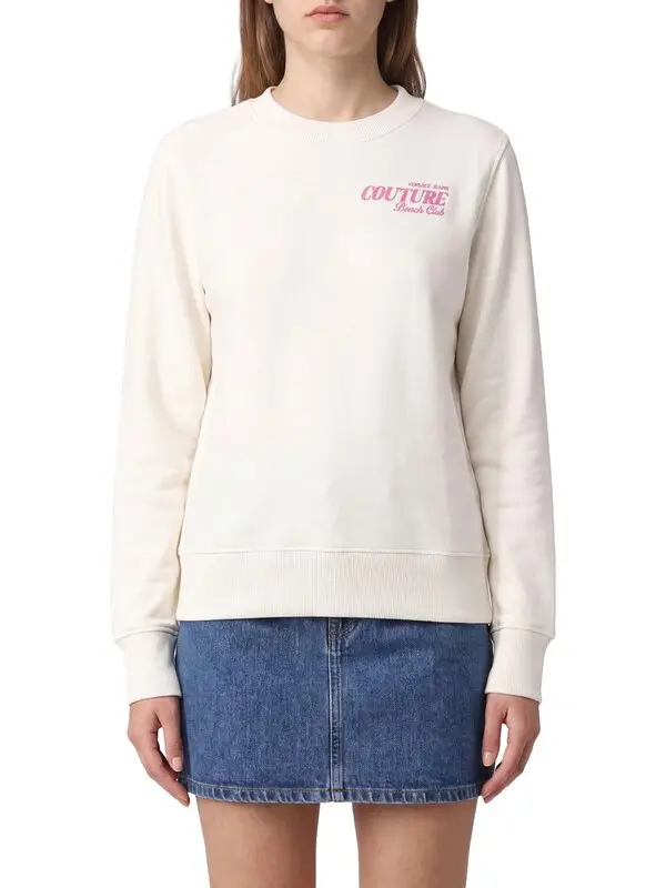 Versace Crewneck Cotton Sweatshirt With Contrast Logo - Ivory