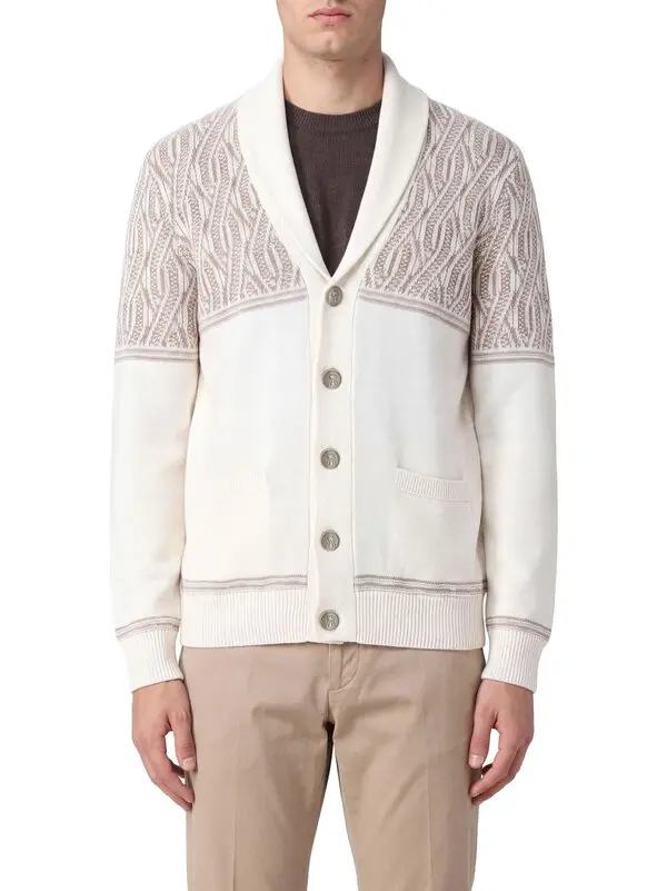 Brunello Cucinelli Shawl Collar Cardigan In Two-tone Abstract Pattern - Beige