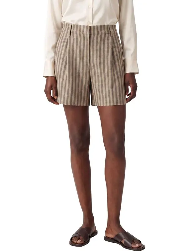Brunello Cucinelli High-waisted Striped Linen Blend Pleated Shorts - Green