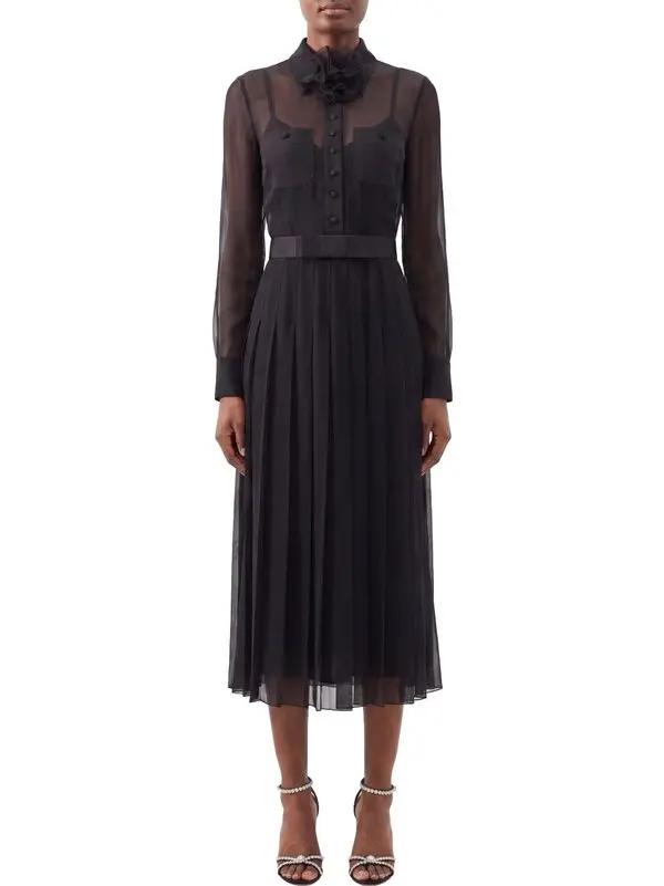 Dolce & Gabbana Midi Silk Shirt Dress With Ruffle Collar And Belt - Black