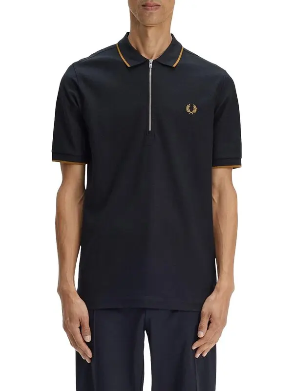 Fred Perry Zip-up Cotton Polo Shirt With Contrast Trims And Embroidered Logo - Black