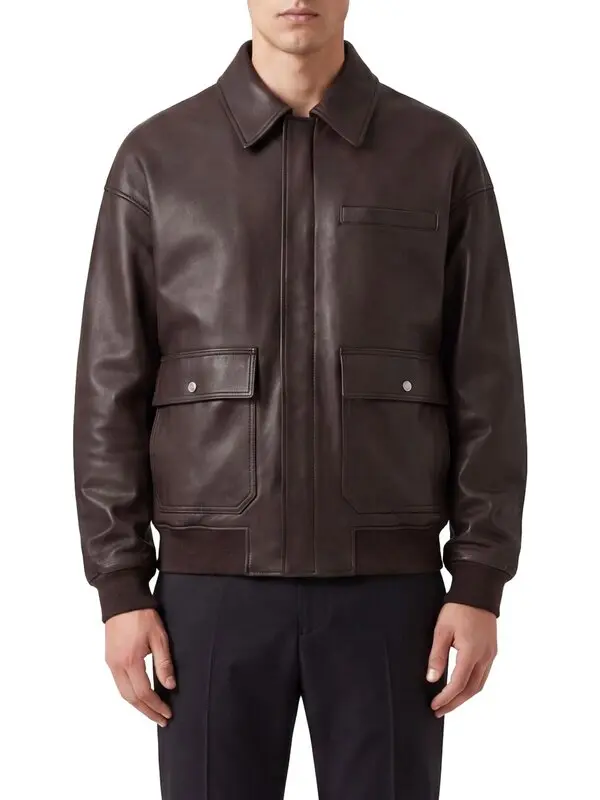 CARRER Baby Calfskin Leather Jacket With Classic Collar And Elasticated Hem - Brown