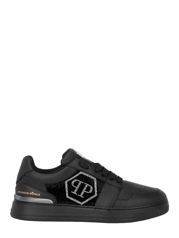 Philipp Plein Hexagon Royale Leather Sneakers With Rhinestone Hexagon Logo - Black