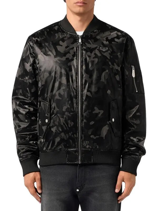 Philipp Plein Water-repellent Camouflage Nylon Bomber Jacket - Black