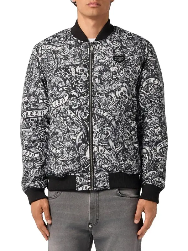 Philipp Plein All-over Monogram And Skull Print Nylon Bomber Jacket - Black
