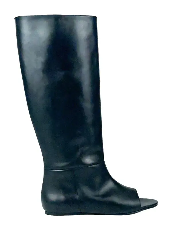 Gimaguas Open-toe Knee-high Boots In Smooth Leather With Low Heel - Black