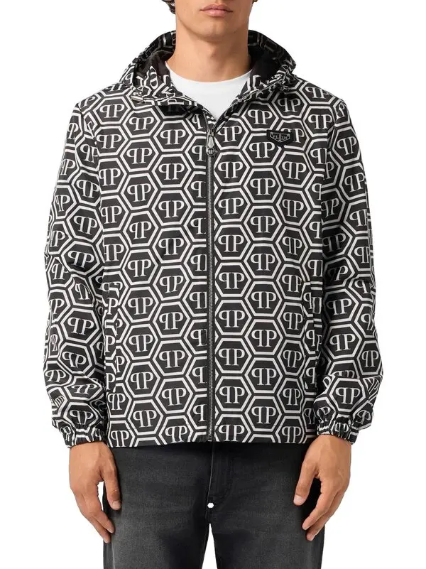 Philipp Plein Hooded Windbreaker Jacket With Hexagon Monogram Logo - Black