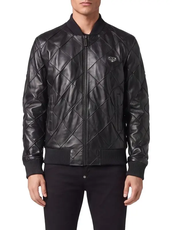 Philipp Plein Quilted Leather Bomber Jacket - Black