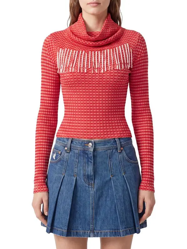 JEAN PAUL GAULTIER Slim-fit Long-sleeved Turtleneck Top In Checkered Viscose - White