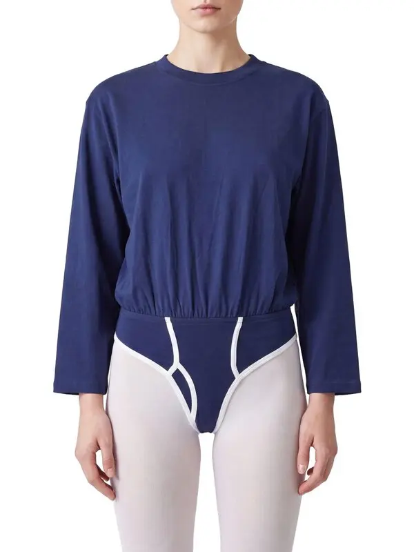 JEAN PAUL GAULTIER Long-sleeved Cotton Bodysuit With Dropped Shoulders - Navy