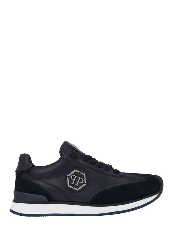 Philipp Plein Leather And Suede Low-top Sneakers With Hexagon Logo And Monogram - Blue
