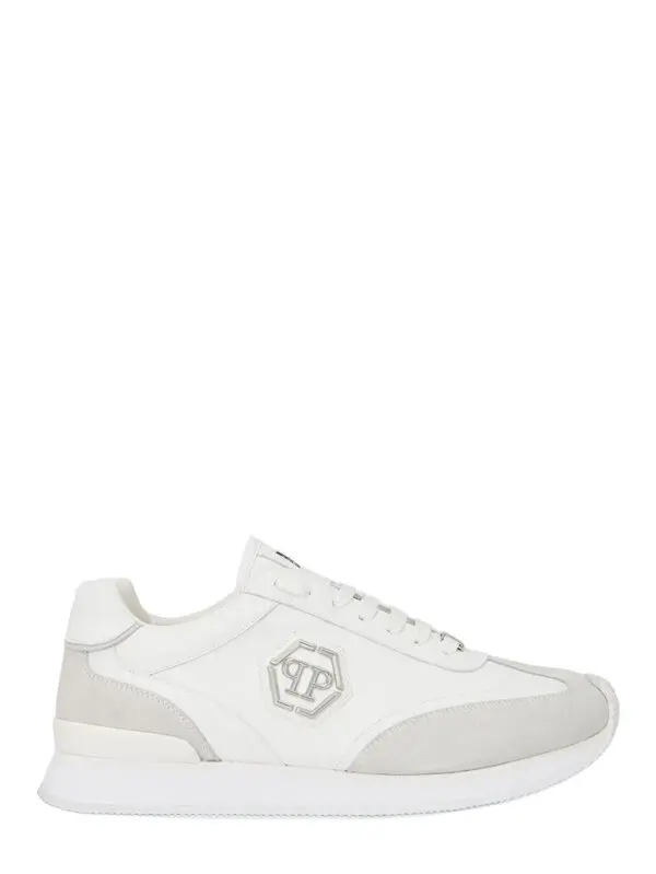 Philipp Plein Leather And Suede Low-top Sneakers With Hexagon Logo And Monogram - White