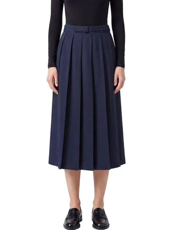 Auralee Pleated Merino Wool Midi Skirt With Adjustable Belt - Navy