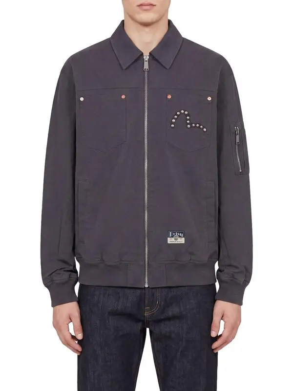 EVISU Graphic Print Bomber Jacket In Cotton And Nylon With Zip Closure - Black