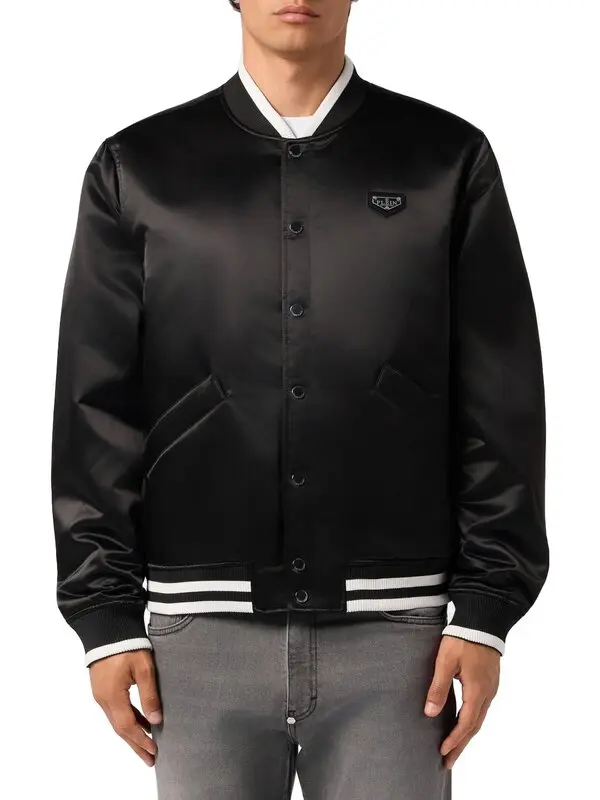 Philipp Plein Padded Satin Varsity Bomber Jacket - Black