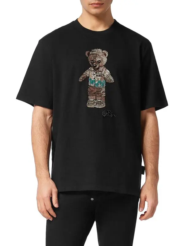 Philipp Plein Teddy Bear Embroidered Cotton T-shirt With Appliqués - Black