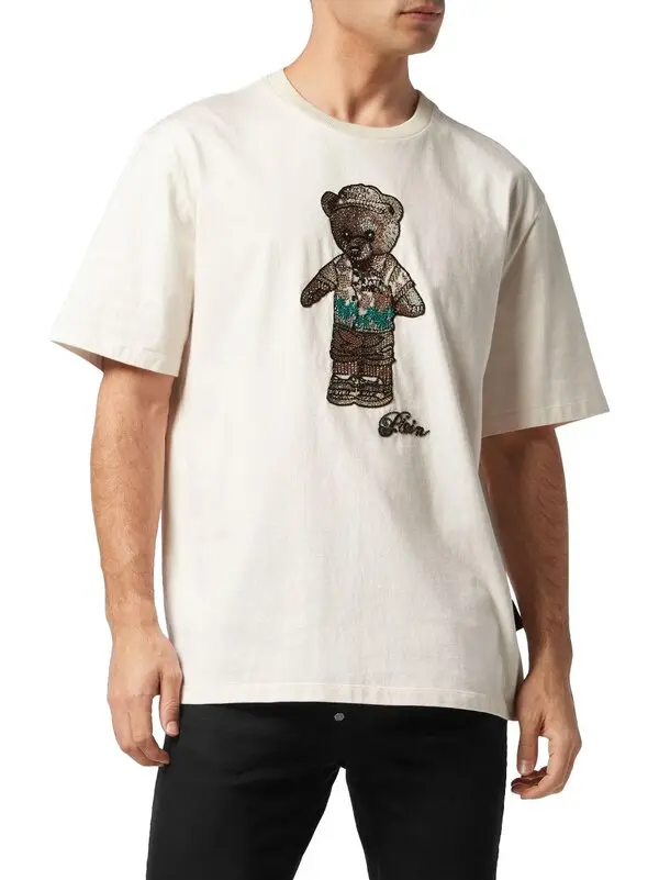 Philipp Plein Teddy Bear Embroidered Cotton T-shirt With Appliqués - White