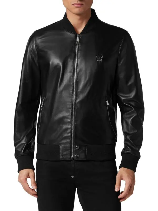 Philipp Plein Smooth Lambskin Leather Bomber Jacket - Black