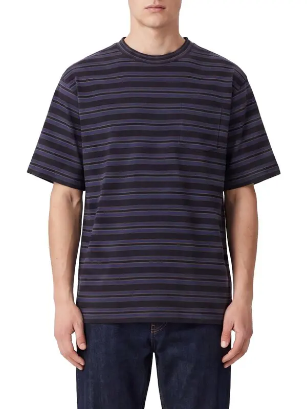 Sacai Striped Cotton T-shirt With Patch Pocket And Dropped Shoulders - Black