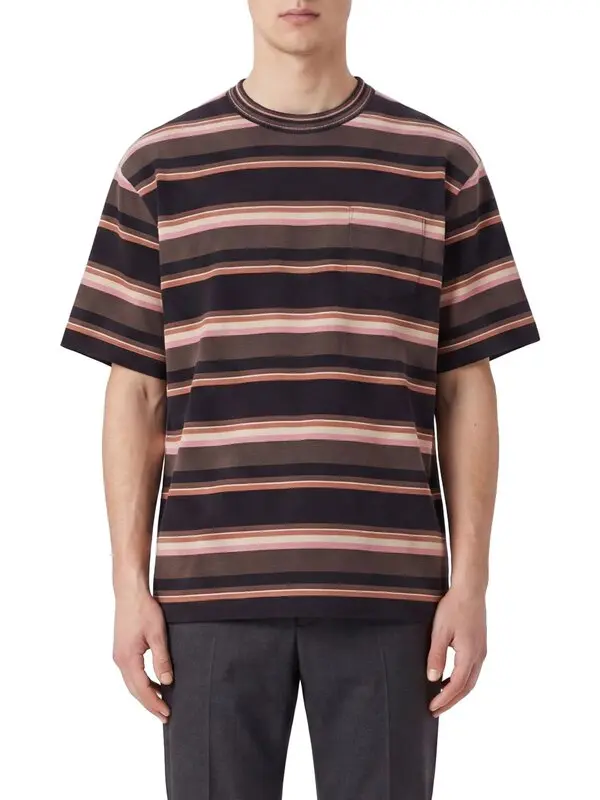 Sacai Striped Cotton T-shirt With Patch Pocket And Dropped Shoulders - Kaki