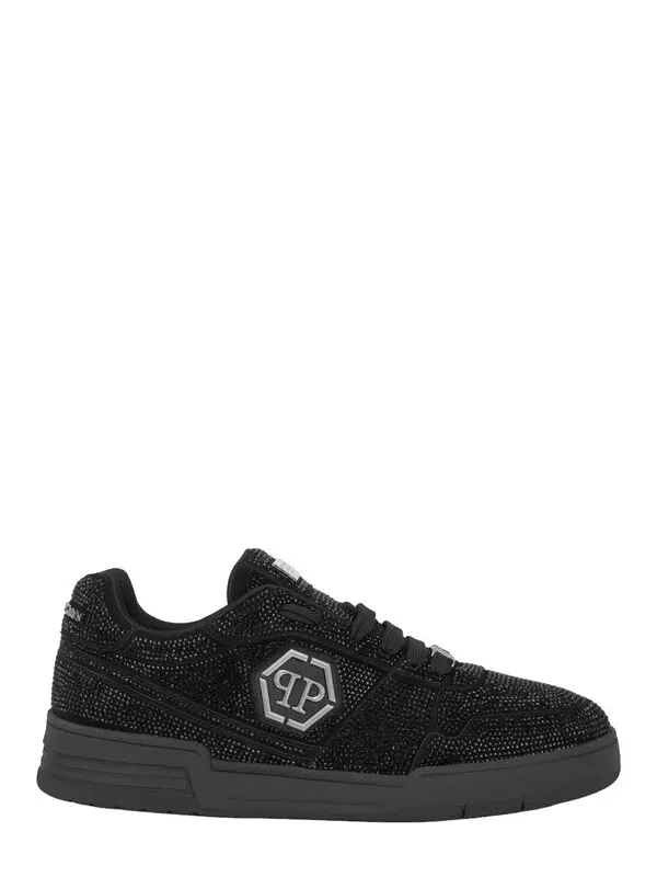 Philipp Plein P-force Leather Sneakers With Monogram And Crystals - Black