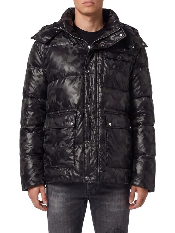 Philipp Plein Camouflage Puffer Jacket With Hood - Black