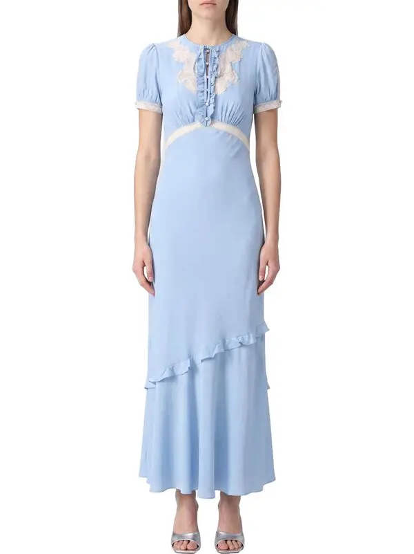 SELF-PORTRAIT Lace Trimmed Ruffled Midi Dress - Blue