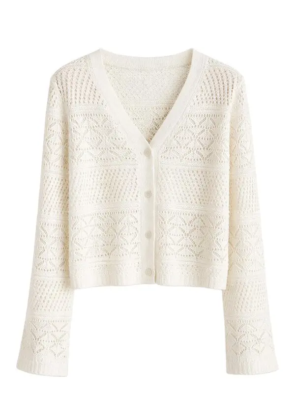 MUTE BY JL Lace Knit Cropped Cardigan With V-neck - White