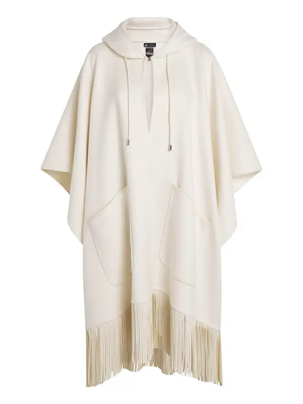 Colombo Cashmere Hooded Cape With Fringe Trim - White